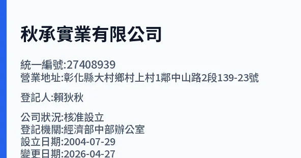 秋承實業有限公司的照片-統編 27408939(彰化縣) 公司登記資料與營業項目詳細圖表