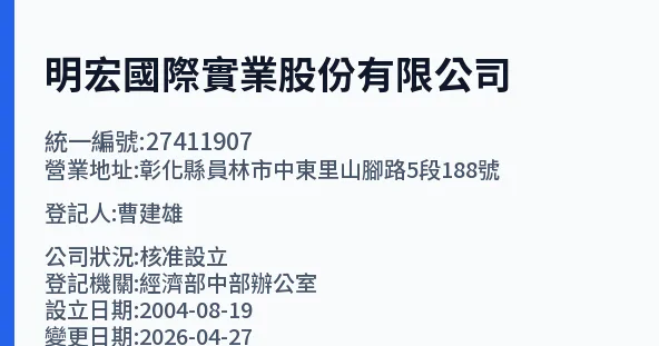 明宏國際實業股份有限公司的照片-統編 27411907(彰化縣) 公司登記資料與營業項目詳細圖表