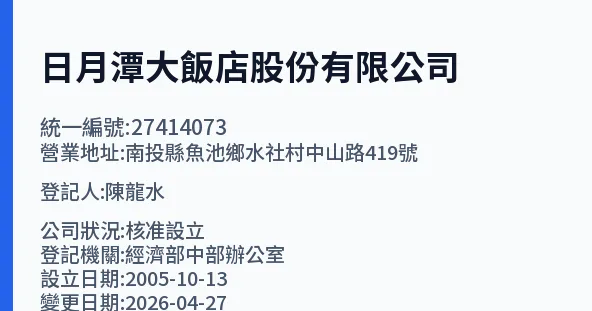日月潭大飯店股份有限公司的照片-統編 27414073(南投縣) 公司登記資料與營業項目詳細圖表