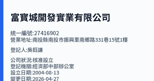 富寳城開發實業有限公司的照片-統編 27416902(南投縣) 公司登記資料與營業項目詳細圖表