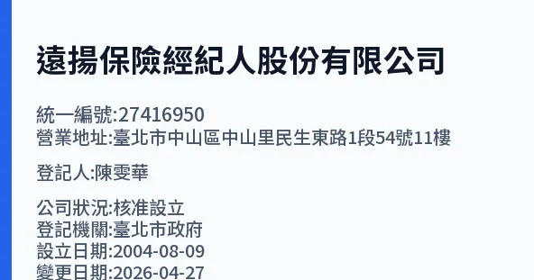 遠揚保險經紀人股份有限公司的照片-統編 27416950(臺北市) 公司登記資料與營業項目詳細圖表