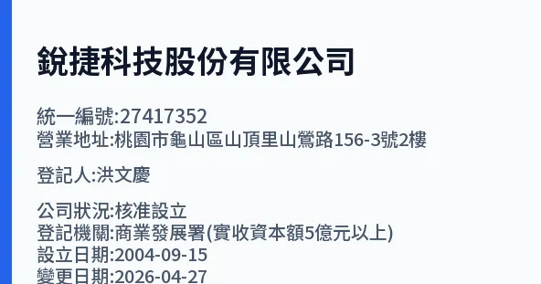 銳捷科技股份有限公司的照片-統編 27417352(桃園市) 公司登記資料與營業項目詳細圖表