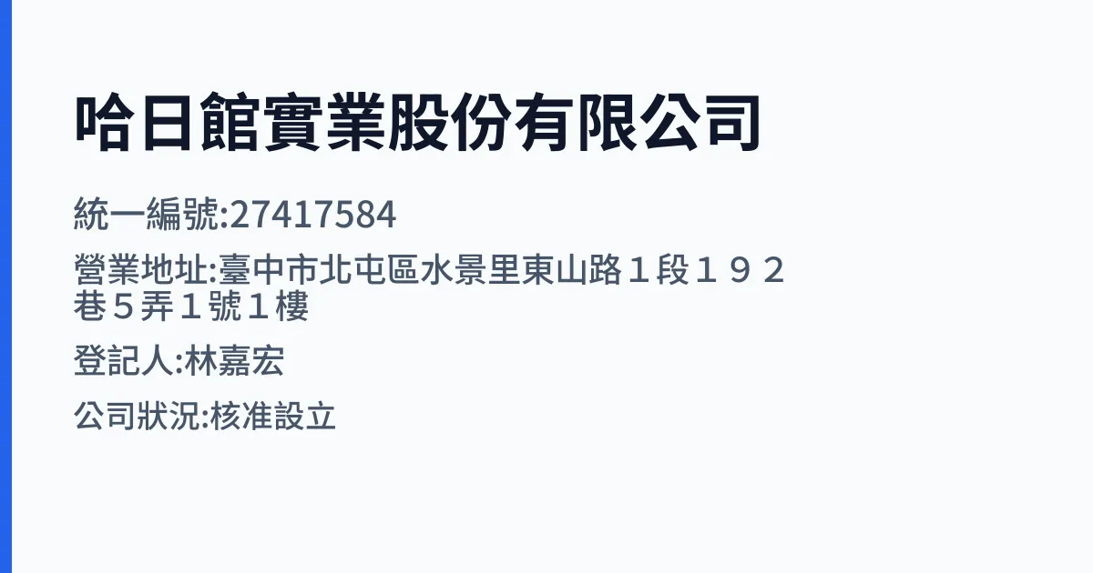 哈日館實業股份有限公司 - 統編 27417584(臺中市) 公司登記資料與營業項目詳細圖表