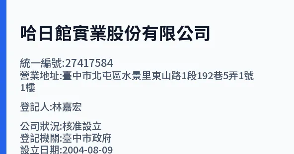 哈日館實業股份有限公司的照片-統編 27417584(臺中市) 公司登記資料與營業項目詳細圖表