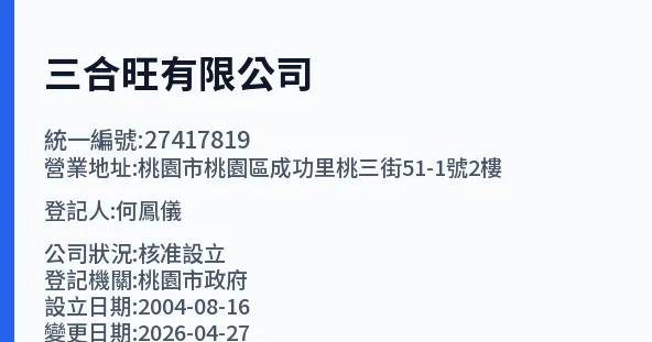 三合旺有限公司的照片-統編 27417819(桃園市) 公司登記資料與營業項目詳細圖表