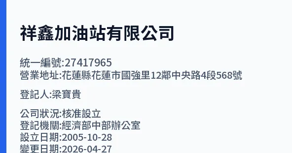 祥鑫加油站有限公司的照片-統編 27417965(花蓮縣) 公司登記資料與營業項目詳細圖表