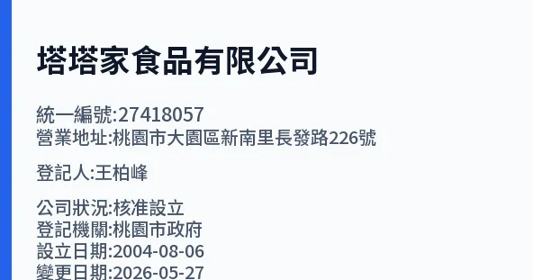 塔塔家食品有限公司的照片-統編 27418057(桃園市) 公司登記資料與營業項目詳細圖表