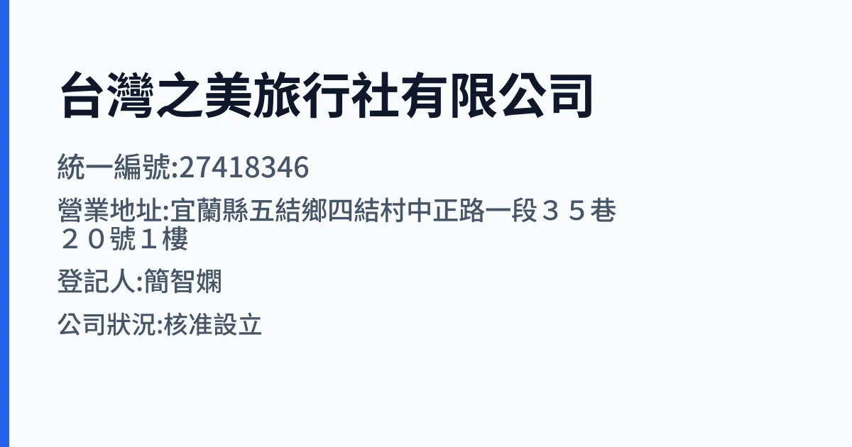 台灣之美旅行社有限公司 - 統編 27418346(宜蘭縣) 公司登記資料與營業項目詳細圖表