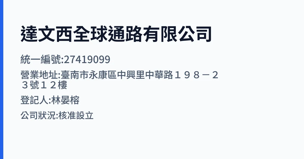 達文西全球通路有限公司 - 統編 27419099(臺南市) 公司登記資料與營業項目詳細圖表