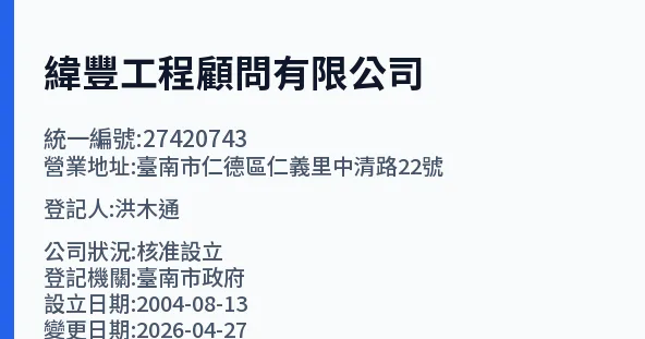 緯豐工程顧問有限公司的照片-統編 27420743(臺南市) 公司登記資料與營業項目詳細圖表