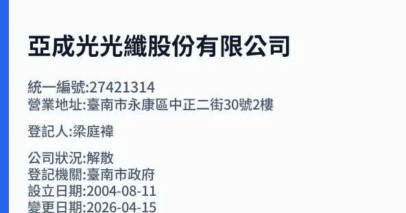 亞成光光纖股份有限公司的照片-統編 27421314(臺南市) 公司登記資料與營業項目詳細圖表