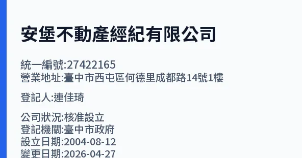 安堡不動產經紀有限公司的照片-統編 27422165(臺中市) 公司登記資料與營業項目詳細圖表