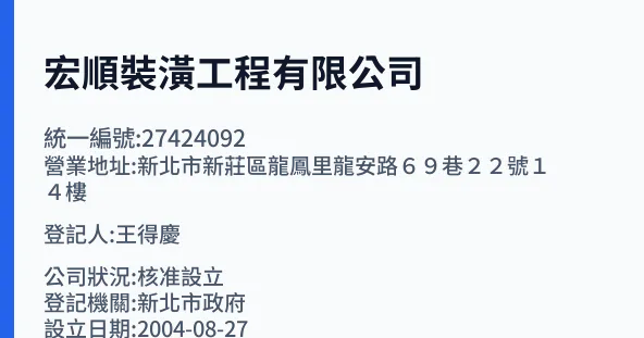 宏順裝潢工程有限公司的照片-統編 27424092(新北市) 公司登記資料與營業項目詳細圖表