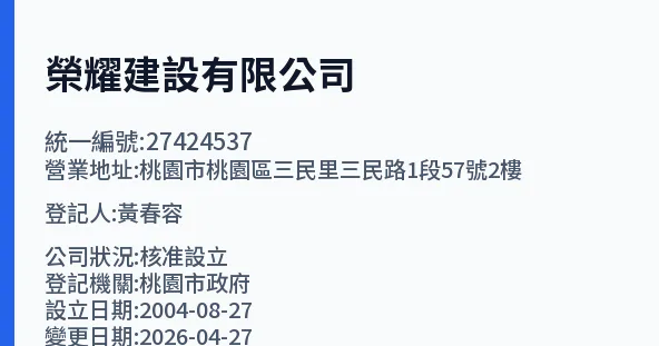 榮耀建設有限公司的照片-統編 27424537(桃園市) 公司登記資料與營業項目詳細圖表