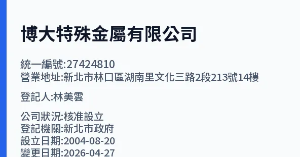 博大特殊金屬有限公司的照片-統編 27424810(新北市) 公司登記資料與營業項目詳細圖表
