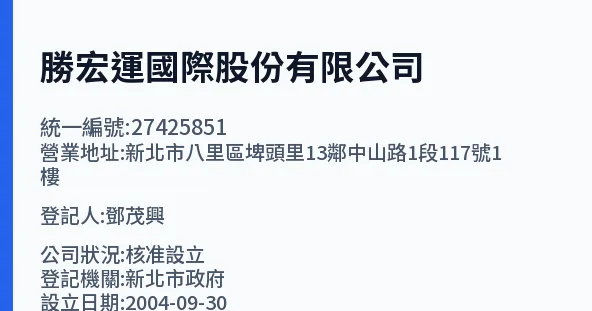 勝宏運國際股份有限公司的照片-統編 27425851(新北市) 公司登記資料與營業項目詳細圖表