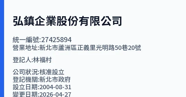 弘鎮企業股份有限公司的照片-統編 27425894(新北市) 公司登記資料與營業項目詳細圖表