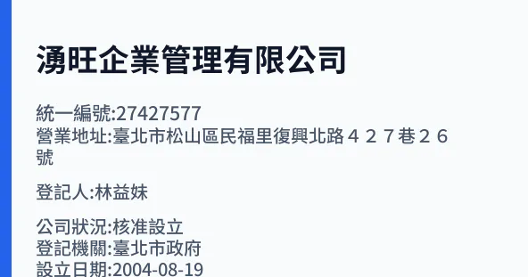 湧旺企業管理有限公司的照片-統編 27427577(臺北市) 公司登記資料與營業項目詳細圖表