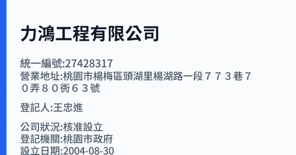 力鴻工程有限公司的照片-統編 27428317(桃園市) 公司登記資料與營業項目詳細圖表