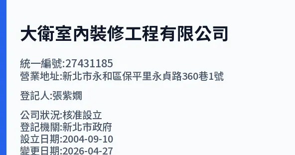 大衛室內裝修工程有限公司的照片-統編 27431185(新北市) 公司登記資料與營業項目詳細圖表
