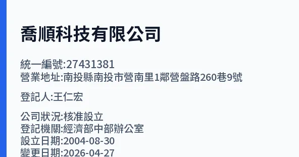 喬順科技有限公司的照片-統編 27431381(南投縣) 公司登記資料與營業項目詳細圖表