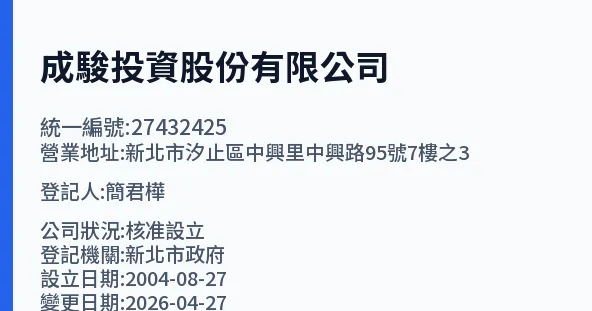 成駿投資股份有限公司的照片-統編 27432425(新北市) 公司登記資料與營業項目詳細圖表