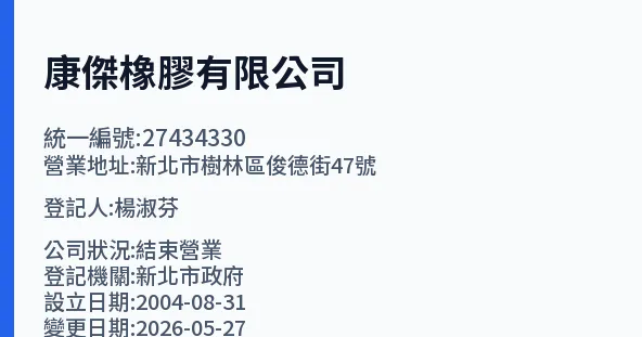 康傑橡膠有限公司的照片-統編 27434330(新北市) 公司登記資料與營業項目詳細圖表