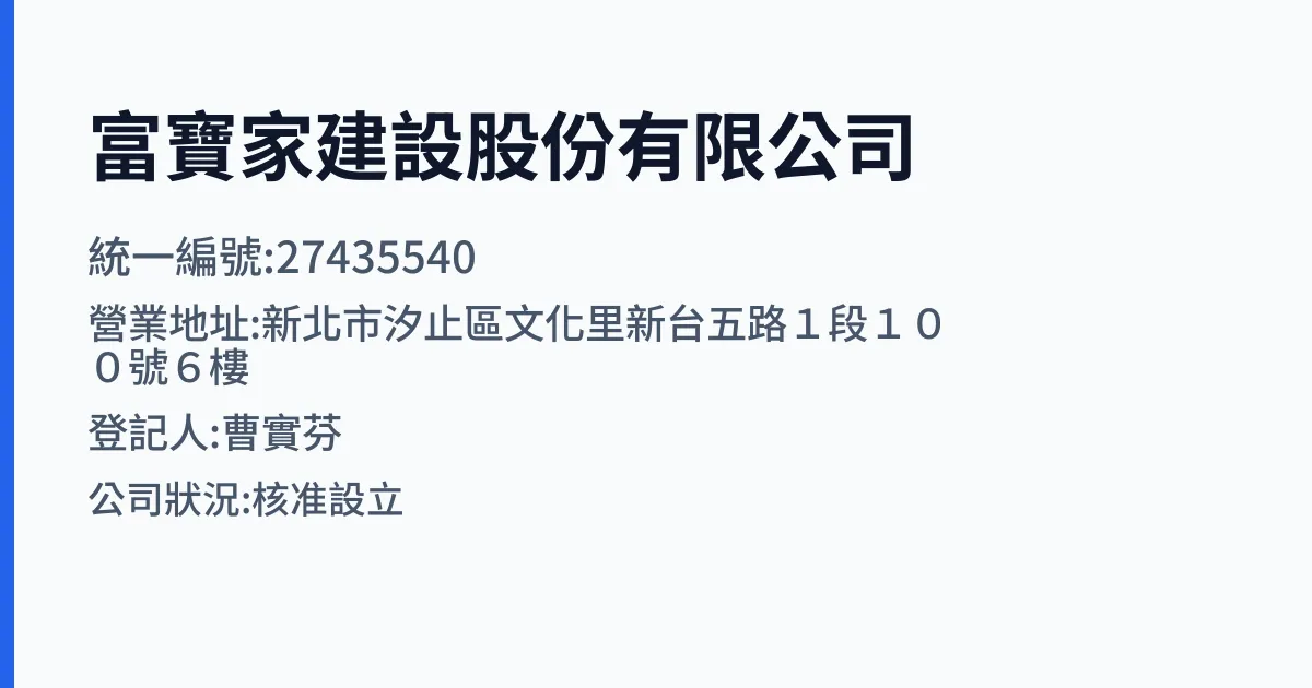 富寶家建設股份有限公司 - 統編 27435540(新北市) 公司登記資料與營業項目詳細圖表