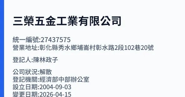 三榮五金工業有限公司的照片-統編 27437575(彰化縣) 公司登記資料與營業項目詳細圖表