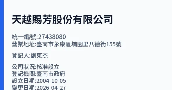 天越賜芳股份有限公司的照片-統編 27438080(臺南市) 公司登記資料與營業項目詳細圖表
