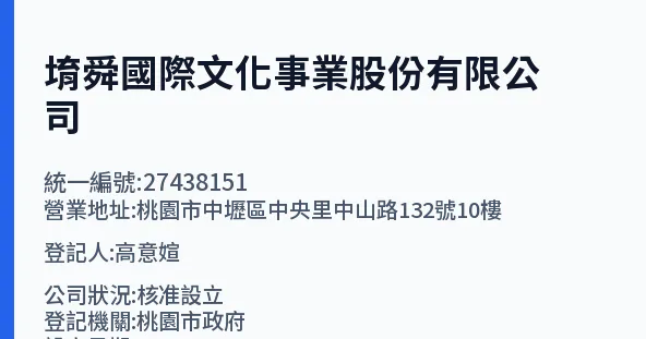堉舜國際文化事業股份有限公司的照片-統編 27438151(桃園市) 公司登記資料與營業項目詳細圖表