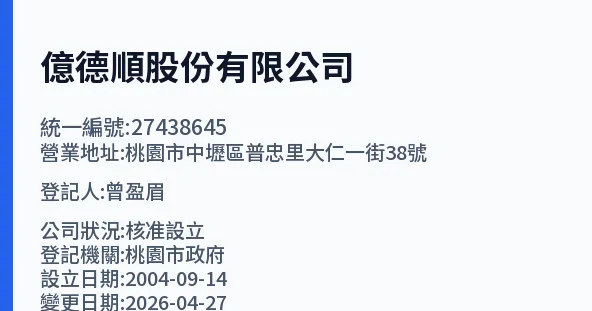 億德順股份有限公司的照片-統編 27438645(桃園市) 公司登記資料與營業項目詳細圖表