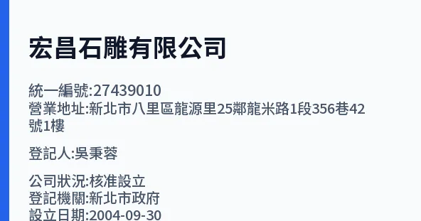 宏昌石雕有限公司的照片-統編 27439010(新北市) 公司登記資料與營業項目詳細圖表