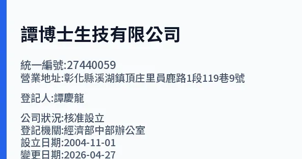 譚博士生技有限公司的照片-統編 27440059(彰化縣) 公司登記資料與營業項目詳細圖表