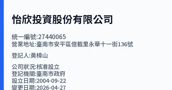 怡欣投資股份有限公司的照片-統編 27440065(臺南市) 公司登記資料與營業項目詳細圖表