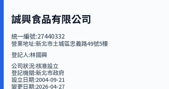 誠興食品有限公司的照片-統編 27440332(新北市) 公司登記資料與營業項目詳細圖表