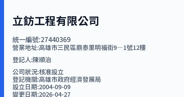 立鈁工程有限公司的照片-統編 27440369(高雄市) 公司登記資料與營業項目詳細圖表