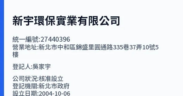 新宇環保實業有限公司的照片-統編 27440396(新北市) 公司登記資料與營業項目詳細圖表