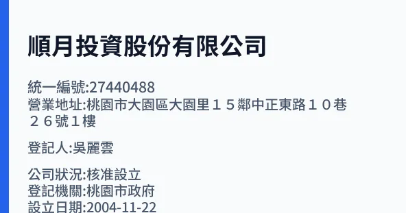順月投資股份有限公司的照片-統編 27440488(桃園市) 公司登記資料與營業項目詳細圖表