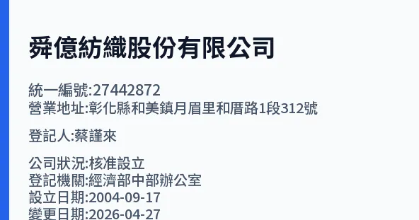 舜億紡織股份有限公司的照片-統編 27442872(彰化縣) 公司登記資料與營業項目詳細圖表