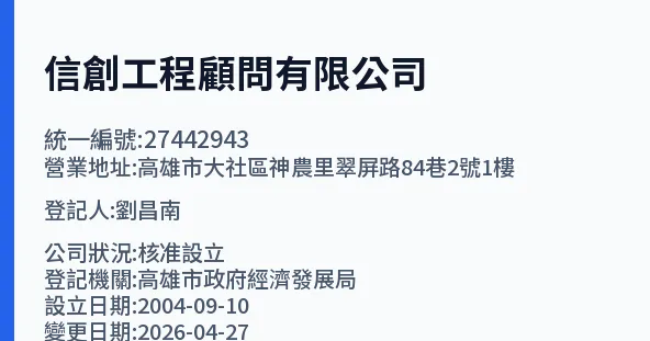 信創工程顧問有限公司的照片-統編 27442943(高雄市) 公司登記資料與營業項目詳細圖表