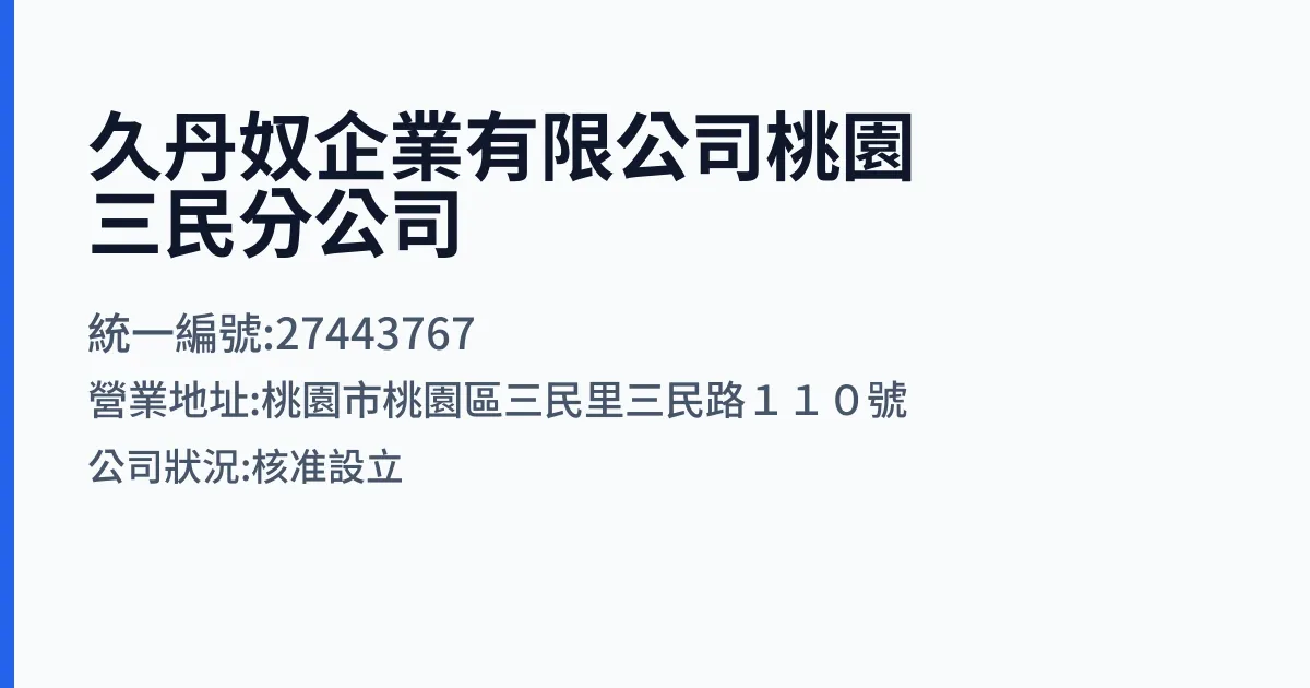 久丹奴企業有限公司桃園三民分公司 - 統編 27443767（桃園市） 公司登記資料與營業項目詳細圖表