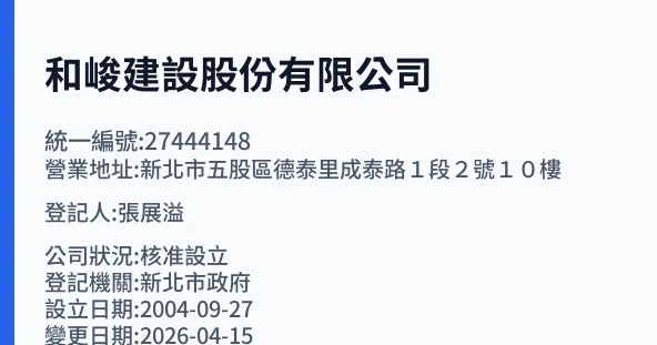 和峻建設股份有限公司的照片-統編 27444148(新北市) 公司登記資料與營業項目詳細圖表