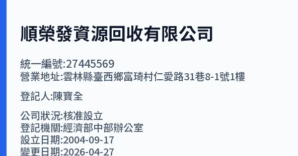 順榮發資源回收有限公司的照片-統編 27445569(雲林縣) 公司登記資料與營業項目詳細圖表