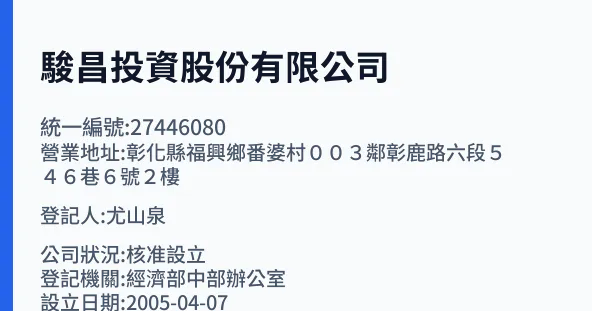 駿昌投資股份有限公司的照片-統編 27446080(彰化縣) 公司登記資料與營業項目詳細圖表