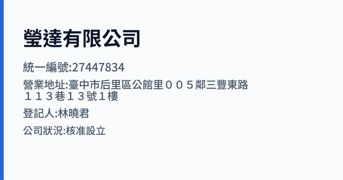 瑩達有限公司 - 統編 27447834(臺中市) 公司登記資料與營業項目詳細圖表