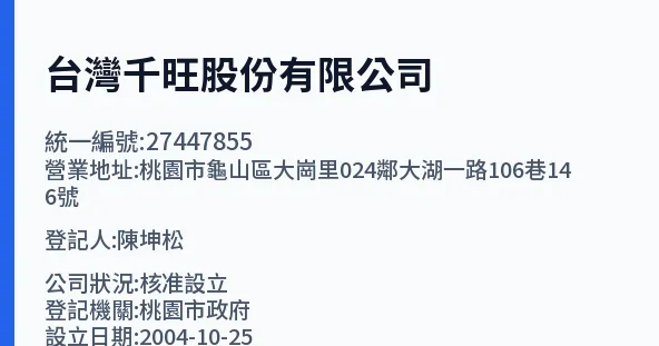 台灣千旺股份有限公司的照片-統編 27447855(桃園市) 公司登記資料與營業項目詳細圖表