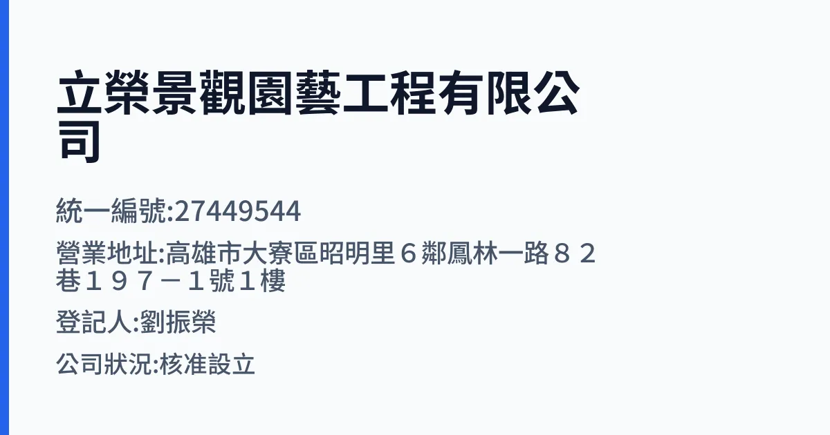 立榮景觀園藝工程有限公司 - 統編 27449544(高雄市) 公司登記資料與營業項目詳細圖表
