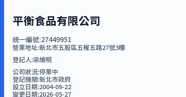 平衡食品有限公司的照片-統編 27449951(新北市) 公司登記資料與營業項目詳細圖表