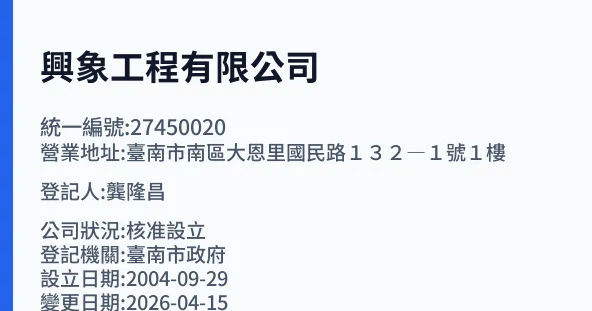 興象工程有限公司的照片-統編 27450020(臺南市) 公司登記資料與營業項目詳細圖表